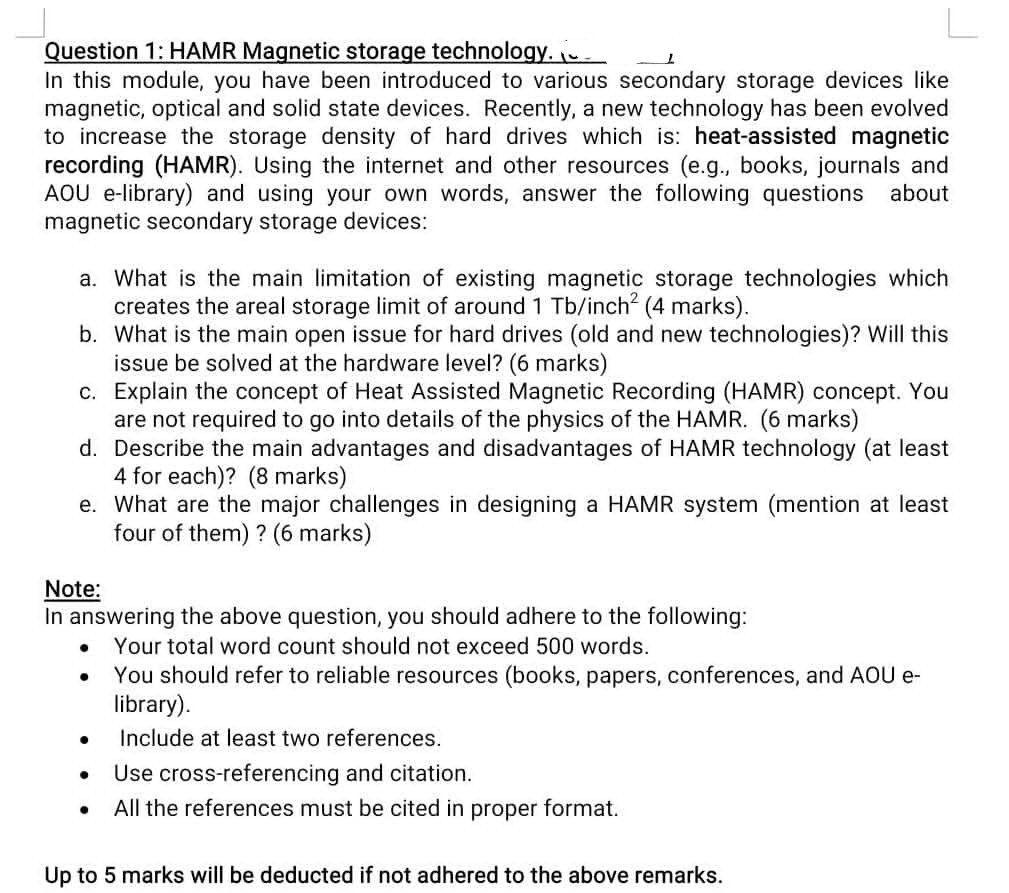 Question 1: HAMR Magnetic storage technology.in In | Chegg.com