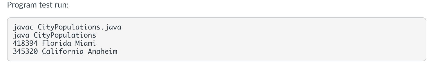 Solved Write a City Populations.java program that reads data | Chegg.com