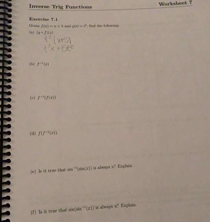 Solved Inverse Trig Functions Worksheet 7 Exercise 7.1 Given | Chegg.com