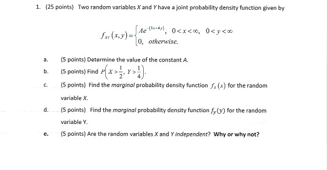 Solved 1. (25 points) Two random variables X and Y have a | Chegg.com