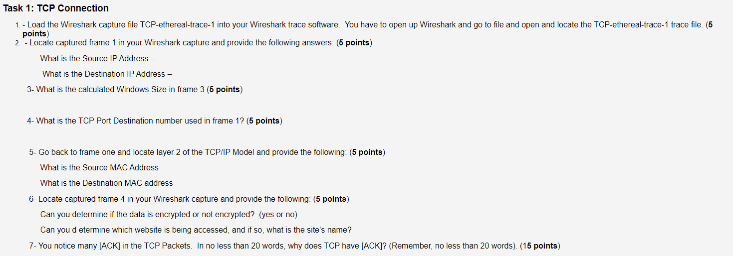 Solved Task 1: TCP Connection 1. - Load the Wireshark | Chegg.com