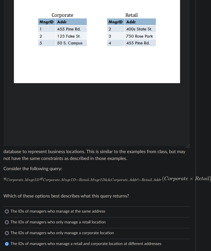 Solved database to represent business locations. This is | Chegg.com