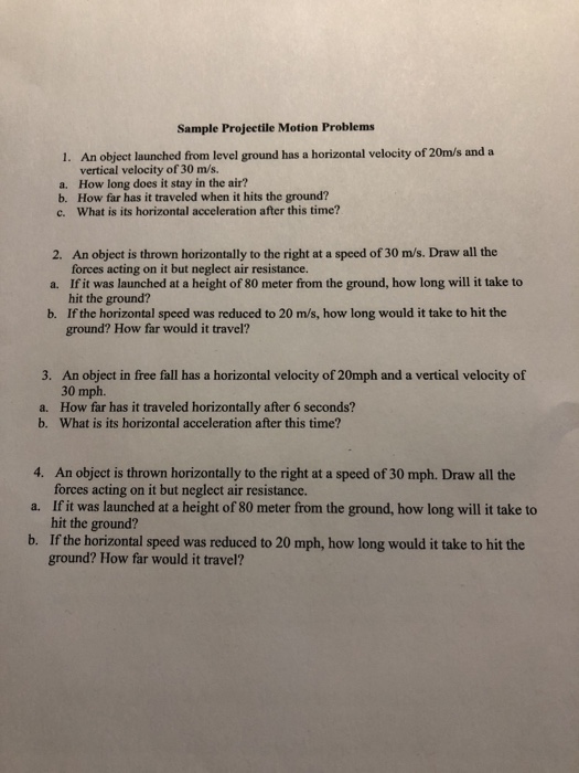 Solved Sample Projectile Motion Problems 1. An object | Chegg.com