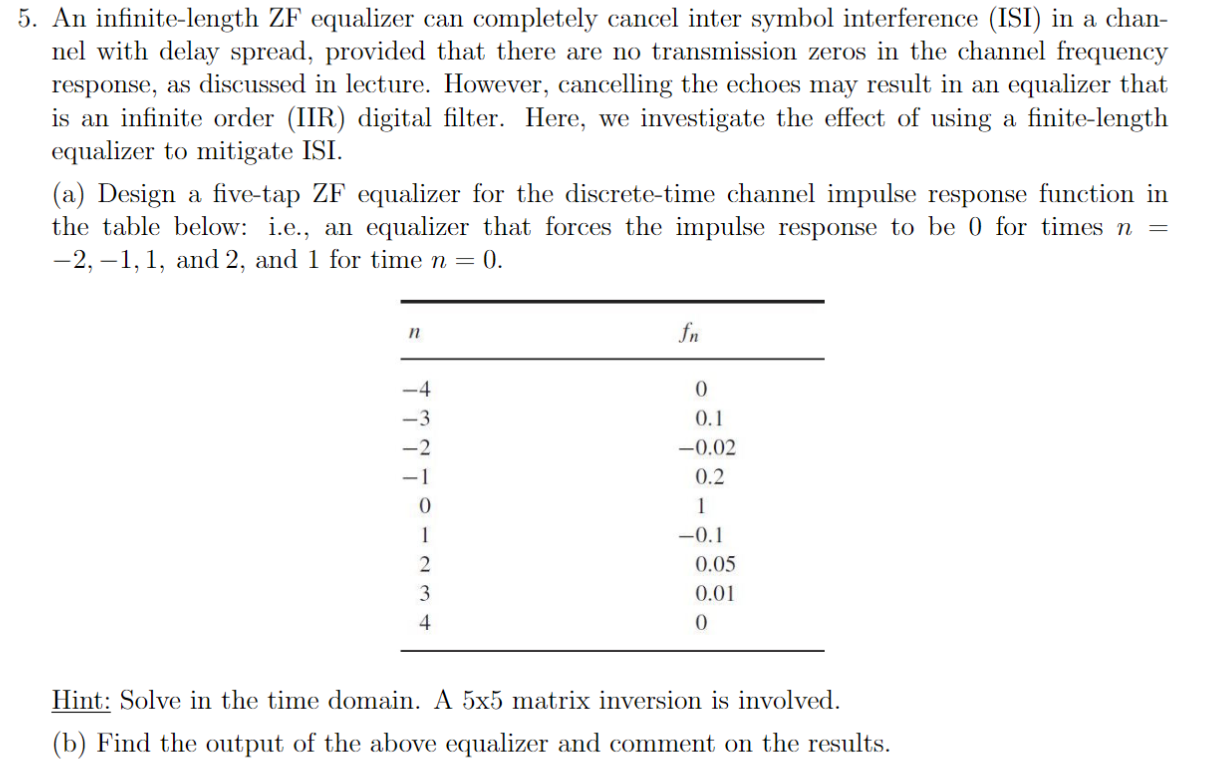 Solved 5. An infinite-length ZF equalizer can completely | Chegg.com