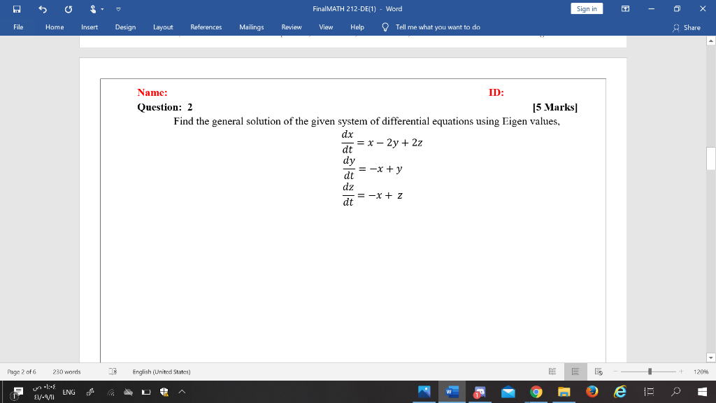 Solved Sign in Final MATH 212-DE(1) - Word View Help Tell me | Chegg.com