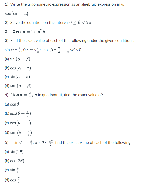 1) Write the trigonometric expression as an algebraic | Chegg.com