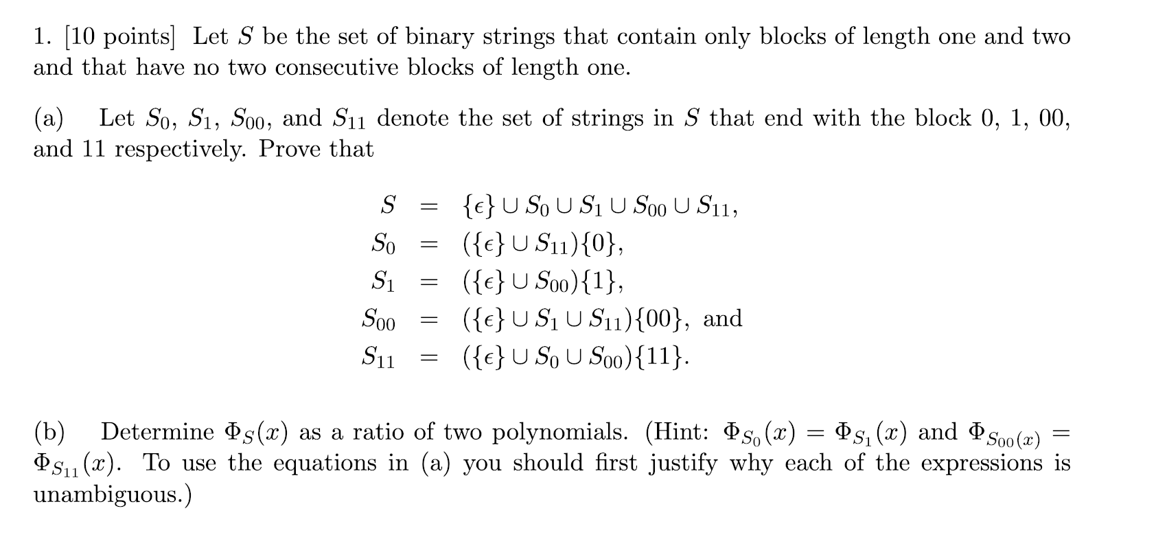 1. 10 points Let S be the set of binary strings that | Chegg.com
