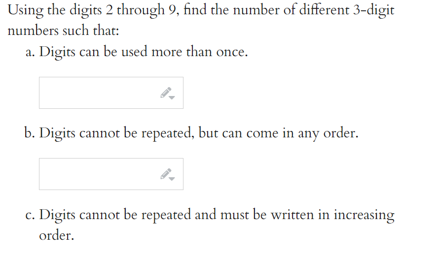 Solved Using the digits 2 through 9, find the number of | Chegg.com