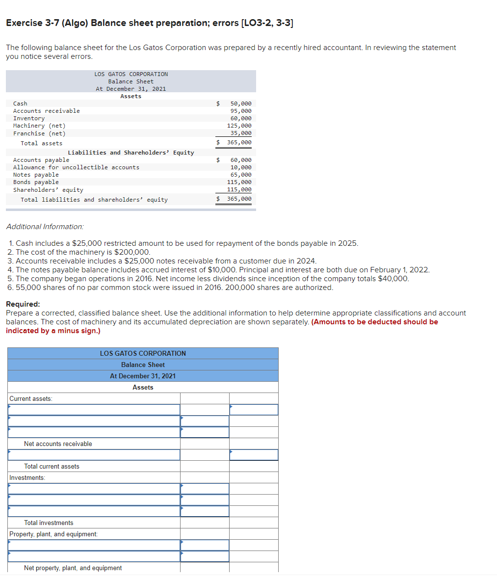 Solved Exercise 3-7 (Algo) Balance sheet preparation; errors | Chegg.com