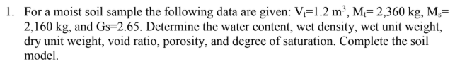 Solved For a moist soil sample the following data are given: | Chegg.com