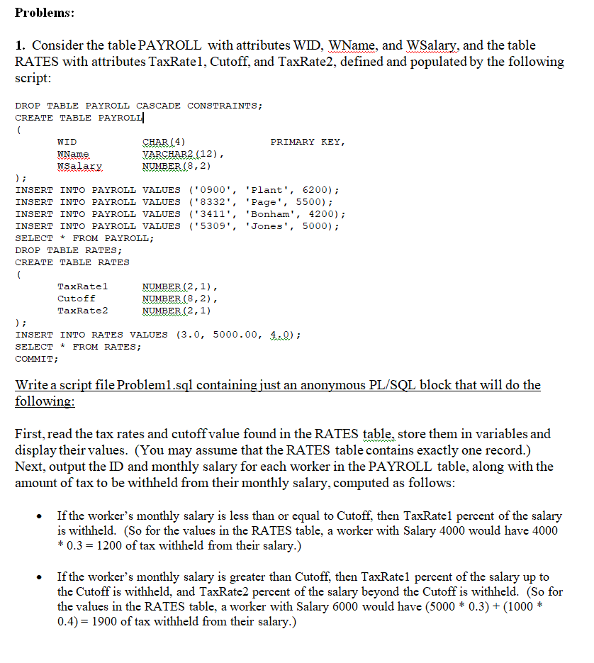 Problems: 1. Consider the table PAYROLL with | Chegg.com