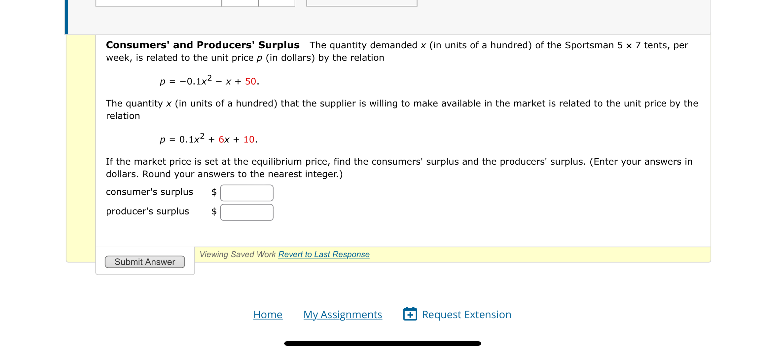 Solved Consumers' and Producers' Surplus The quantity | Chegg.com