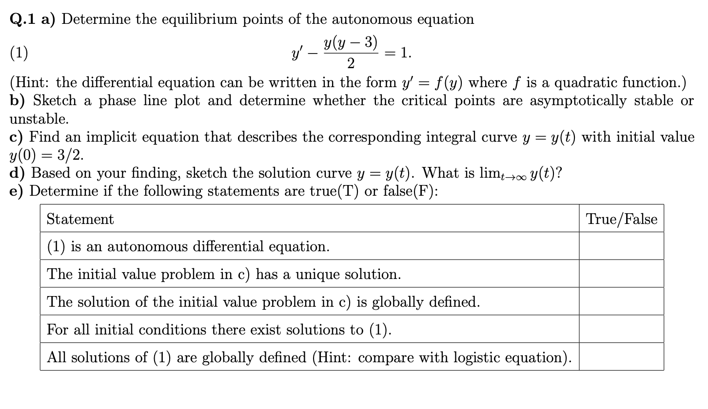 Solved Q.1 a) Determine the equilibrium points of the | Chegg.com