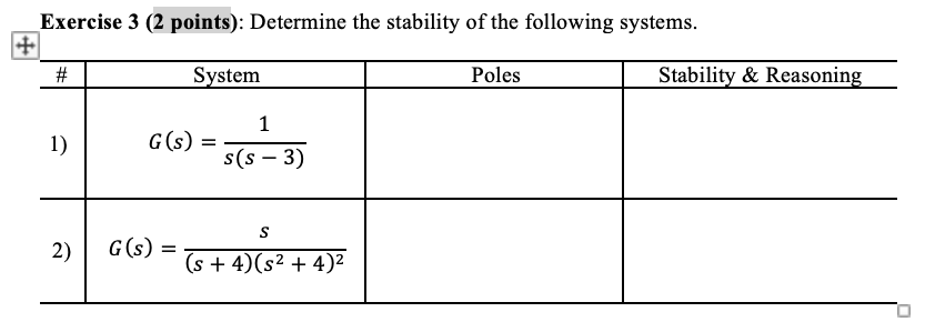 Solved Exercise 3 (2 points): Determine the stability of the | Chegg.com