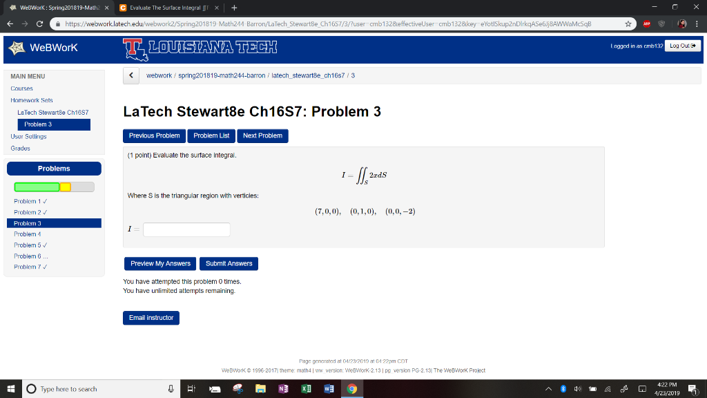 Solved WeBWorK: Spring201819-Mathx C Evaluate The Surface | Chegg.com