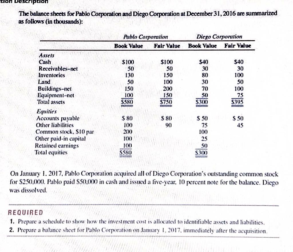Solved The balance sheets for Pablo Corporation and Dicgo | Chegg.com
