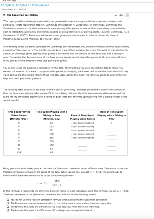 Solved Question 9. The spearman correlation Chapter 15 | Chegg.com