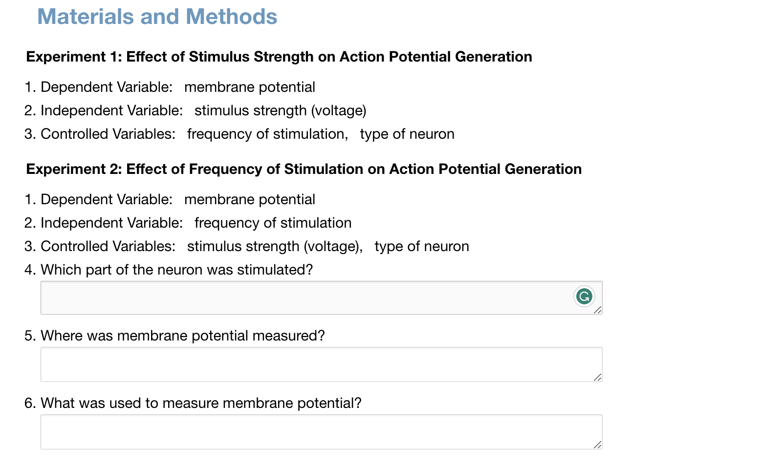 Solved Materials and MethodsExperiment 1: Effect of Stimulus | Chegg.com