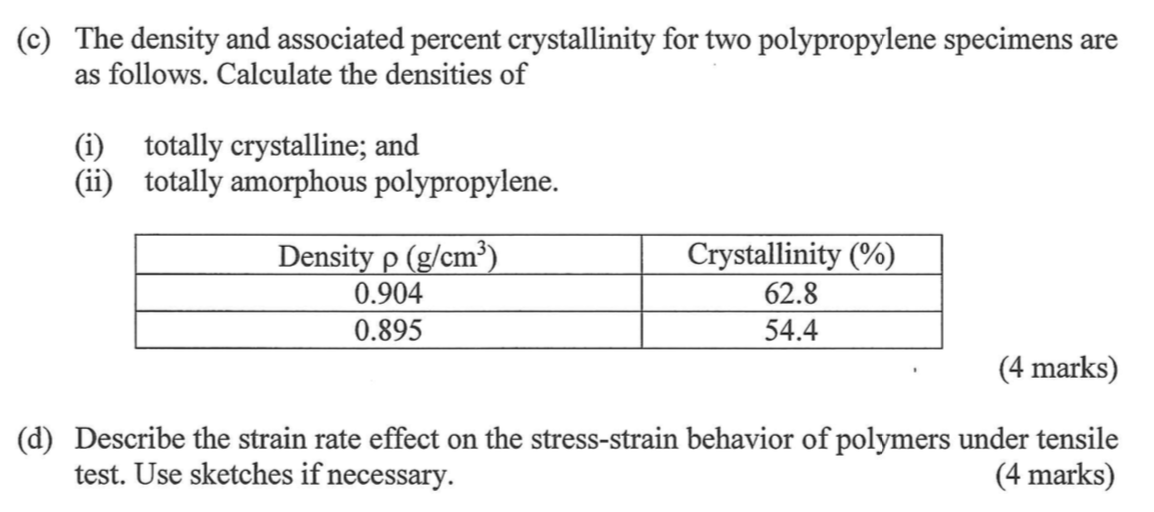 Solved (c) The density and associated percent crystallinity | Chegg.com