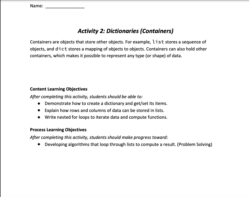 Solved Activity 2: Dictionaries (Containers) Containers are | Chegg.com Solved Activity 2: Dictionaries (Containers) Containers are | Chegg.com