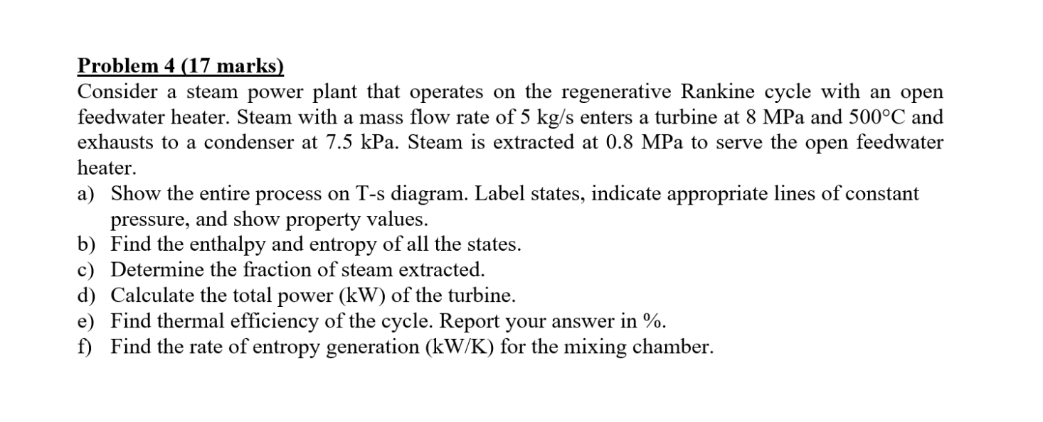 Solved Problem 4 (17 marks) Consider a steam power plant | Chegg.com