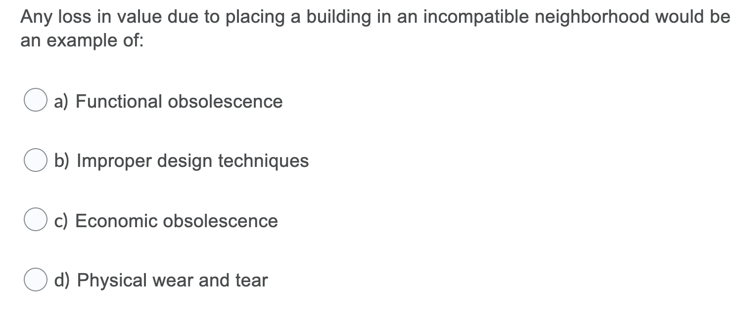 Solved Any loss in value due to placing a building in an | Chegg.com