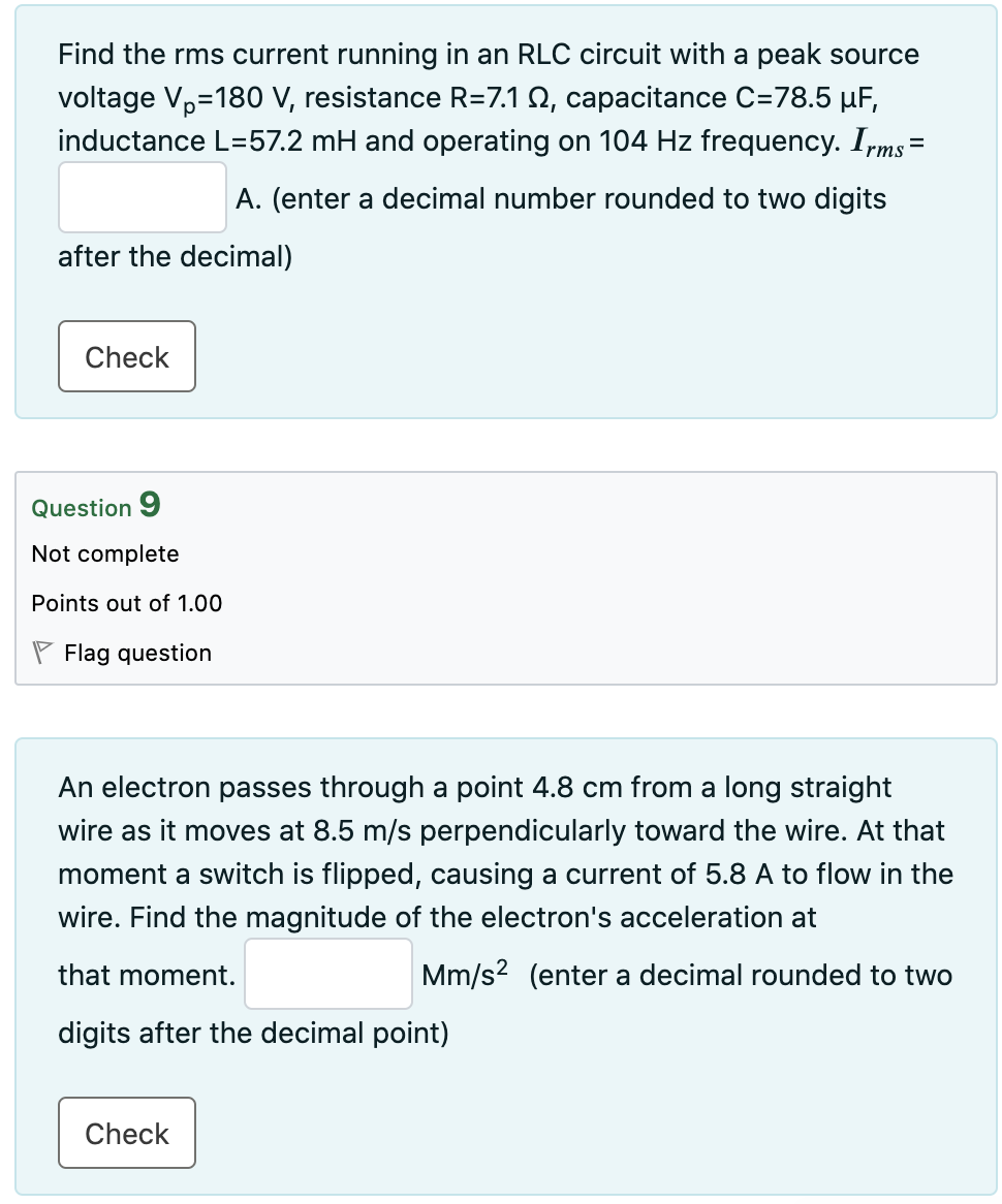 Solved Find the rms current running in an RLC circuit with a | Chegg.com