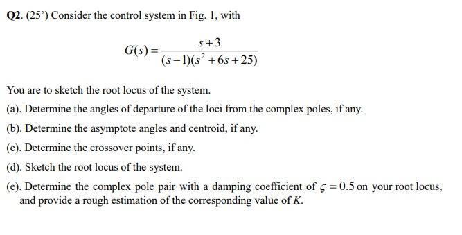 Solved Q2. (25) Consider the control system in Fig. 1, with | Chegg.com