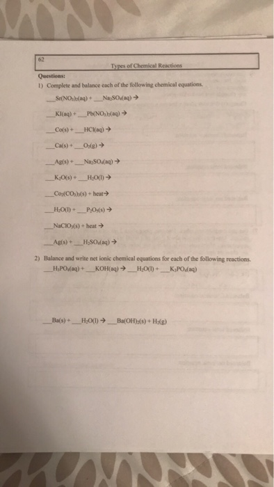Solved 62 Types of Chemical Reactions Questions: 1) Complete | Chegg.com