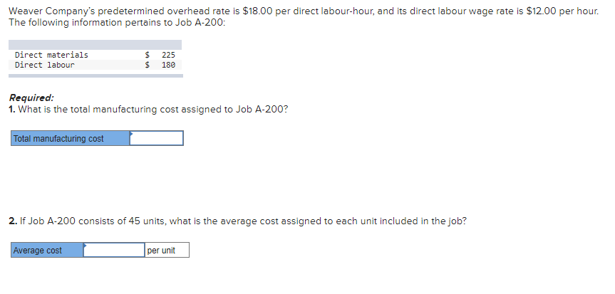 Solved Weaver Company's predetermined overhead rate is | Chegg.com