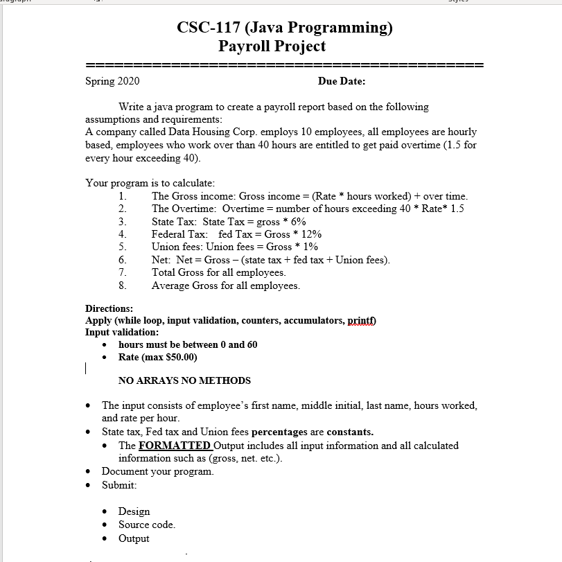 Solved CSC-117 (Java Programming) Payroll Project = = = = = | Chegg.com
