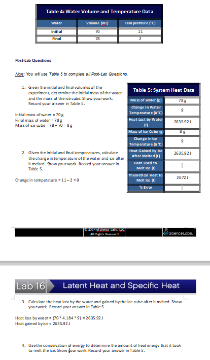 Solved Table 4: Water Volume and Temperature Data Water | Chegg.com