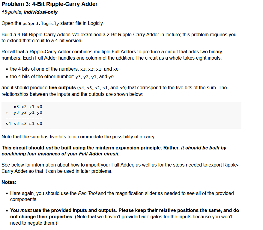 Problem 3: 4-Bit Ripple-Carry Adder 15 points; | Chegg.com