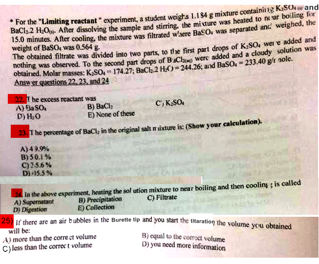 Solved For the "Limiting reactant" experiment, a student | Chegg.com