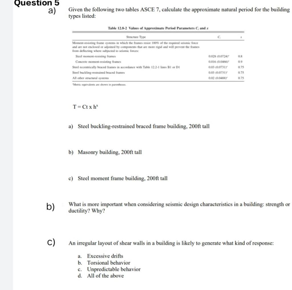 Solved Question 5 a) Given the following two tables ASCE 7, | Chegg.com