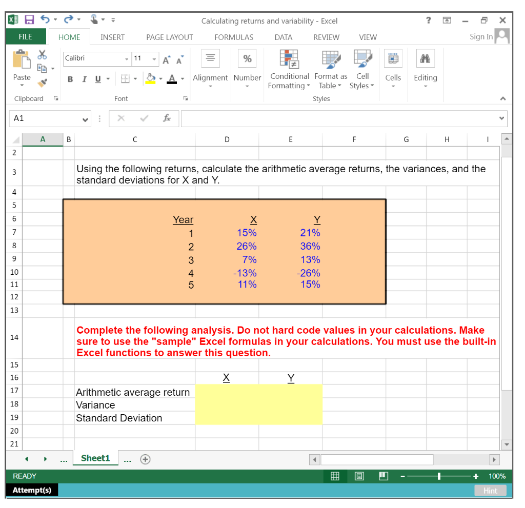 Solved Calculating returns and variability - Excel Х FILE | Chegg.com