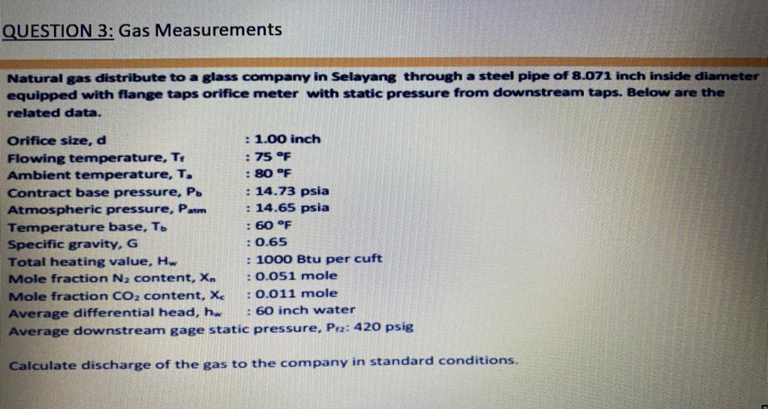 Solved QUESTION 3: Gas Measurements Natural gas distribute | Chegg.com