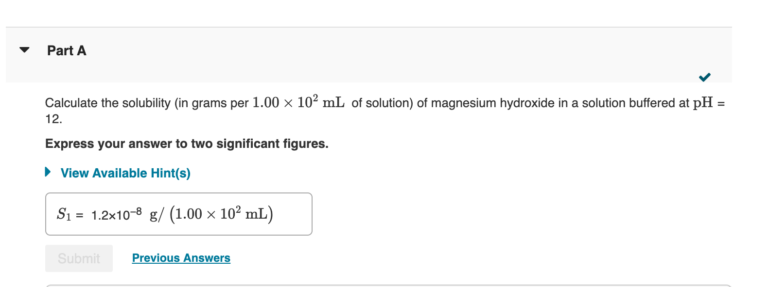 Solved Calculate the solubility (in grams per 1.00×102 mL of | Chegg.com