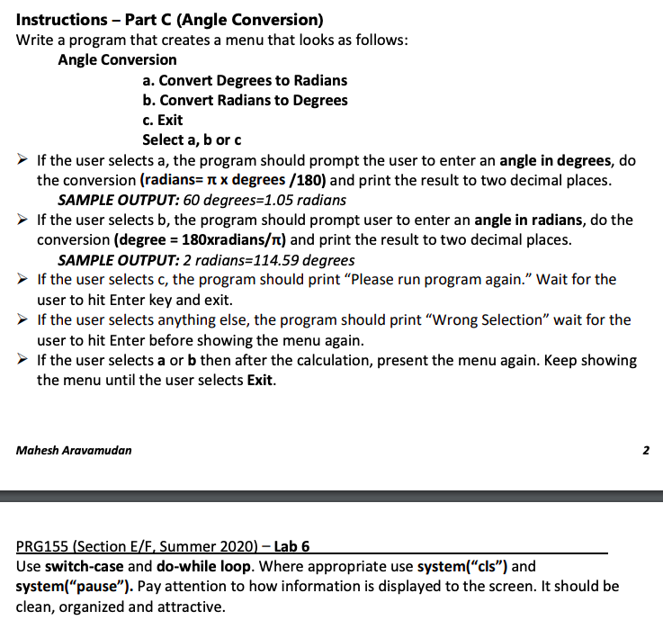Solved Instructions - Part C (Angle Conversion) Write a | Chegg.com