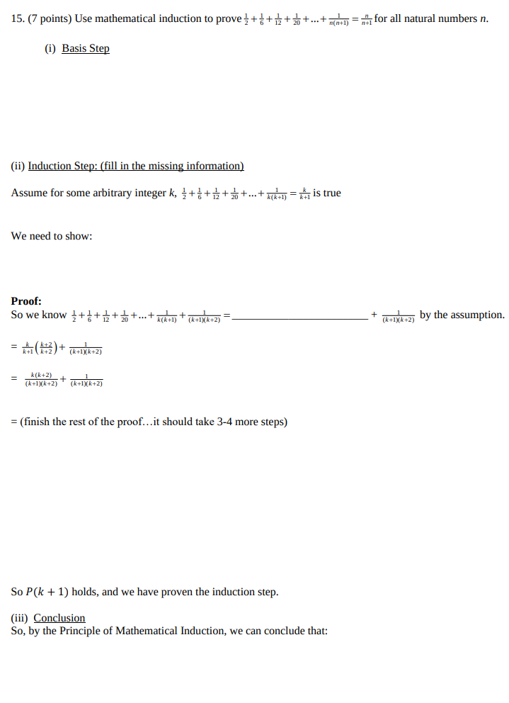 Solved 15. (7 points) Use mathematical induction to prove | Chegg.com