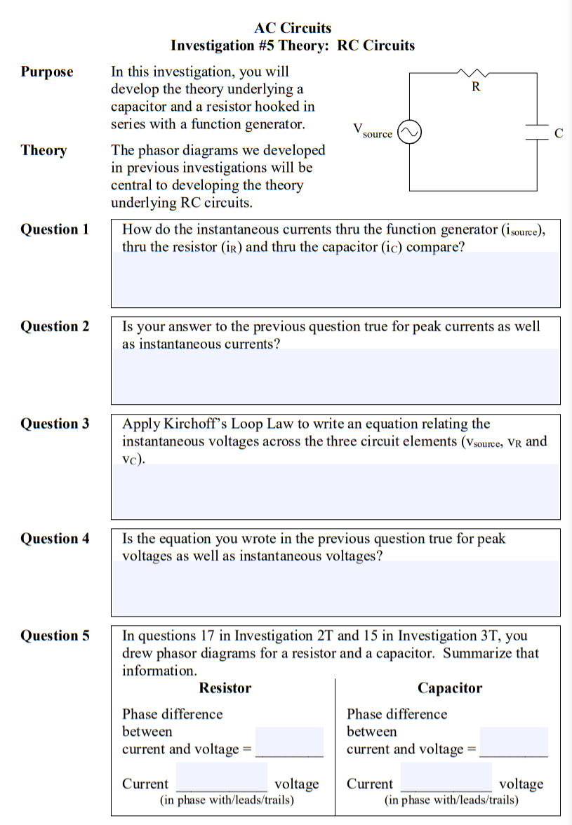 Solved Purpose R source AC Circuits Investigation #5 Theory: | Chegg.com