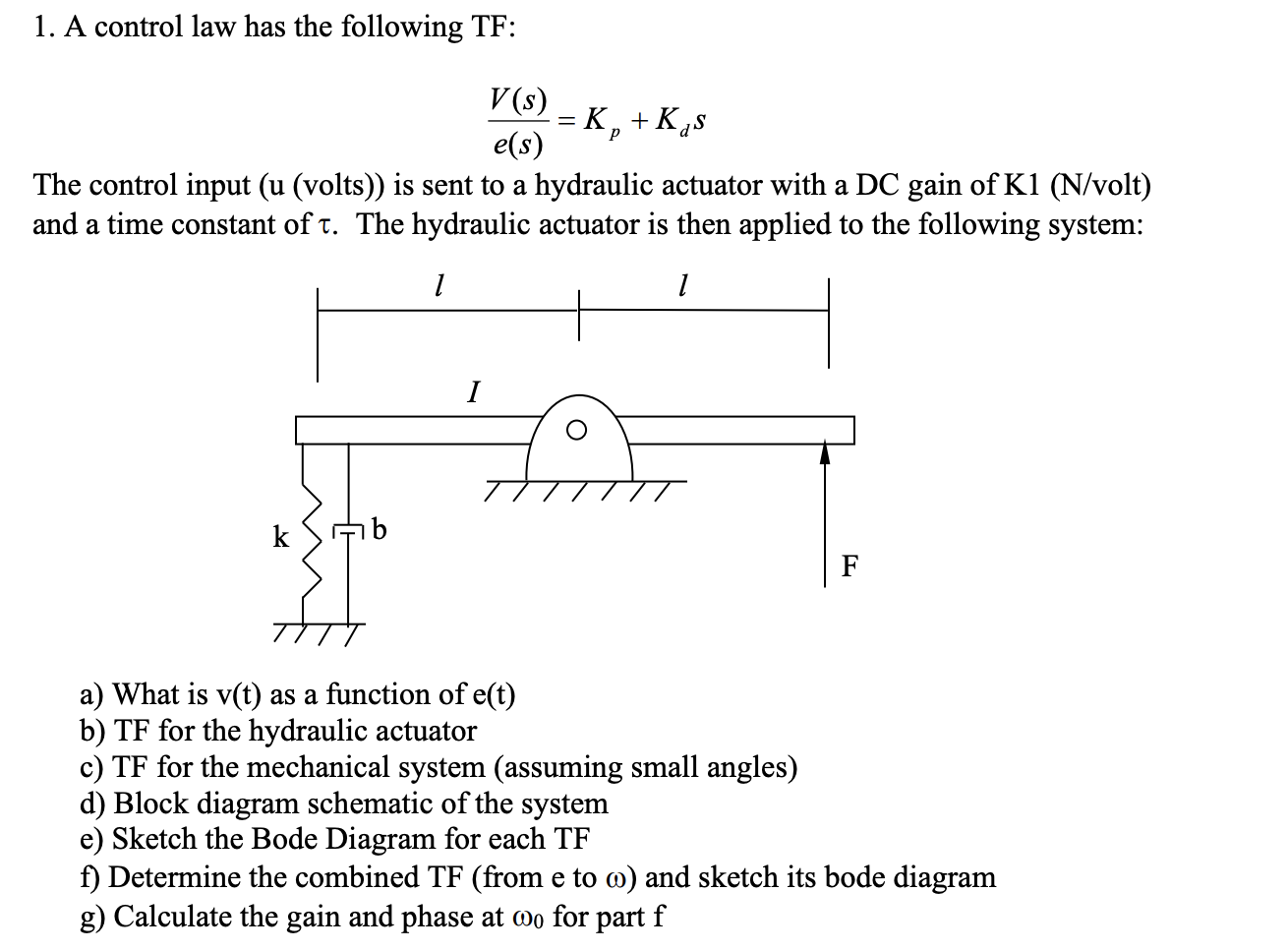 1. A control law has the following TF: V(s) = K, +K,S | Chegg.com
