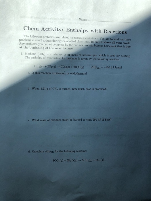 Solved Name: Chem Activity: Enthalpy with Reactions The | Chegg.com