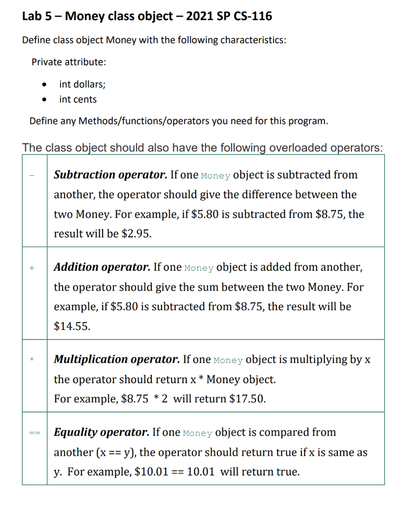 Solved Lab 5 – Money class object – 2021 SP CS-116 Define | Chegg.com