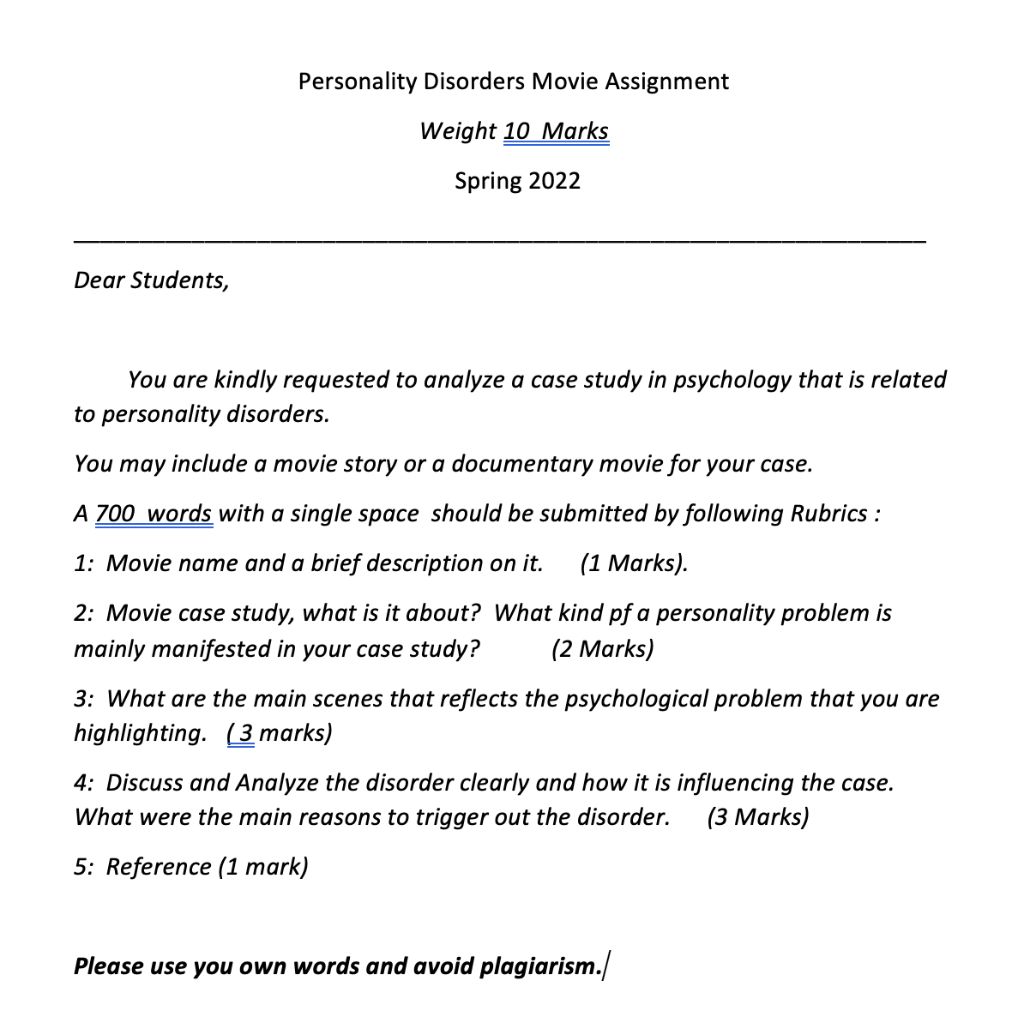 Solved Personality Disorders Movie Assignment Weight 10 | Chegg.com