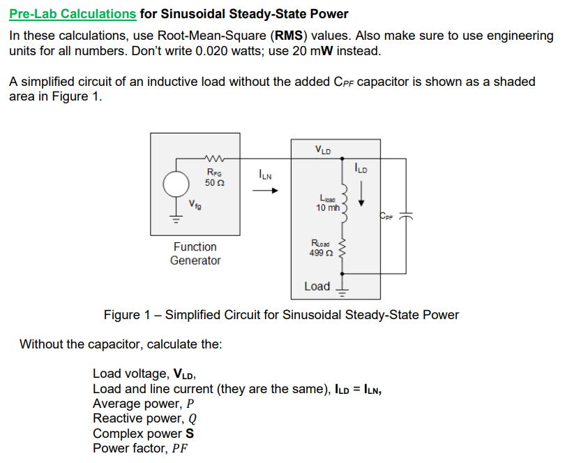Solved Pre-Lab Calculations for Sinusoidal Steady-State | Chegg.com