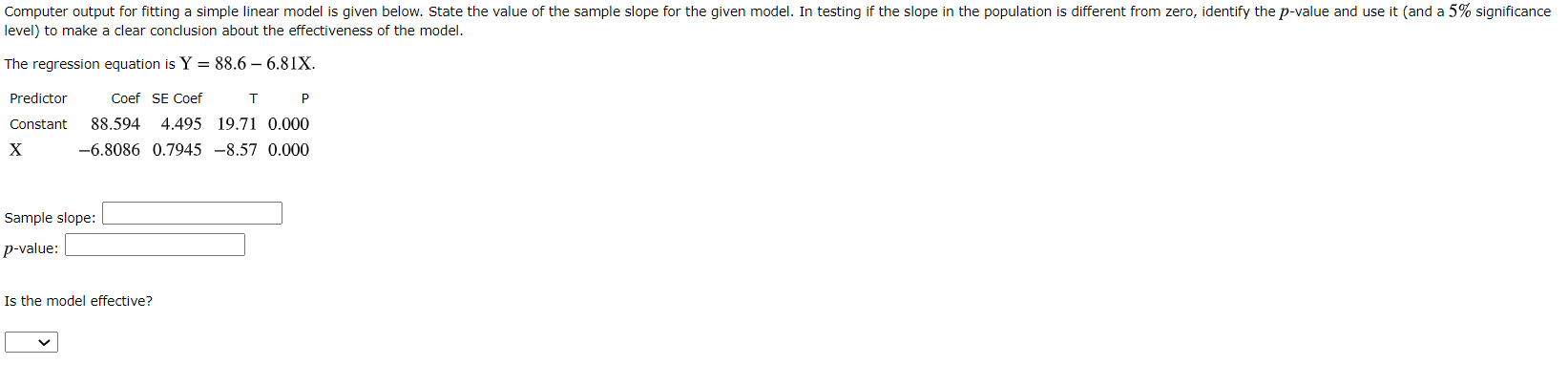 Solved Computer output for fitting a simple linear model is | Chegg.com