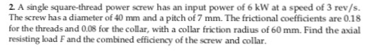 Solved 2. A single square-thread power screw has an input | Chegg.com