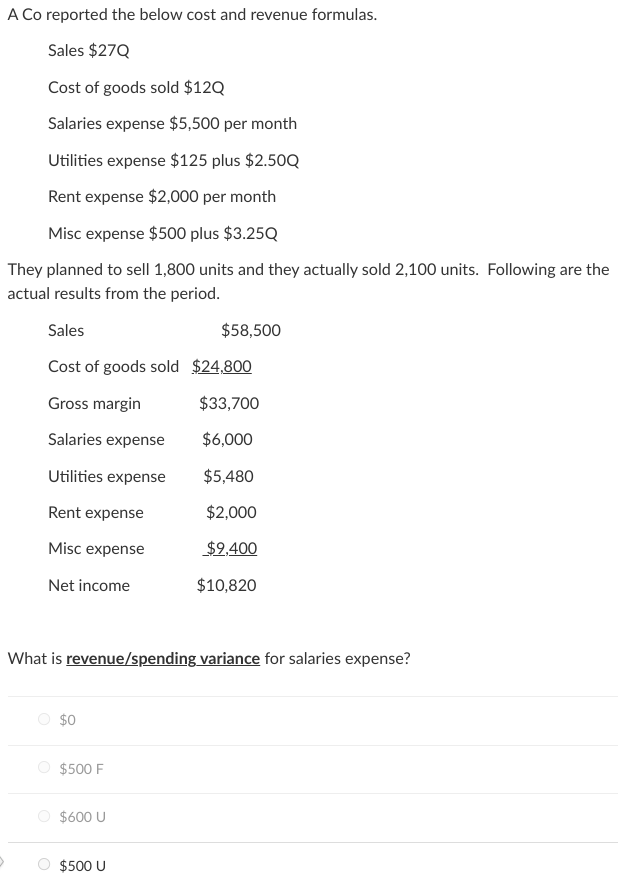 Solved A Co reported the below cost and revenue formulas. | Chegg.com
