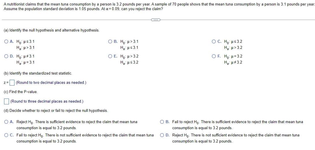 Solved A nutritionist claims that the mean tuna consumption | Chegg.com
